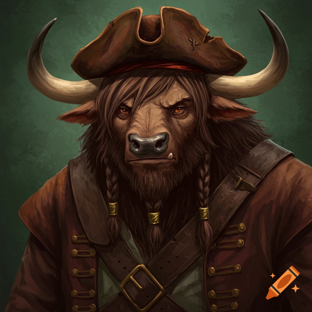 Shaggy furry highland minotaur in a pirate hat on Craiyon
