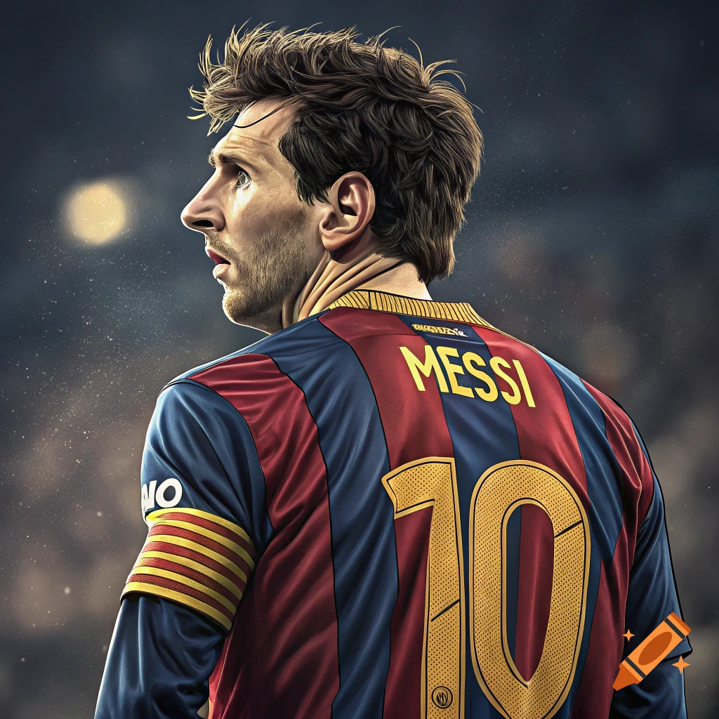 Portrait of Lionel Messi in a FC Barcelona jersey, looking back over ...