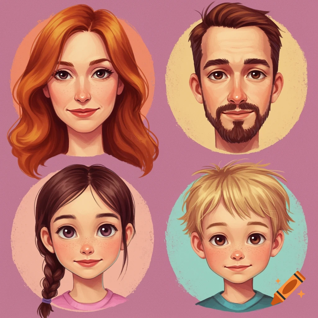 Stylized headshot portraits of a family: mother, father, daughter, and ...