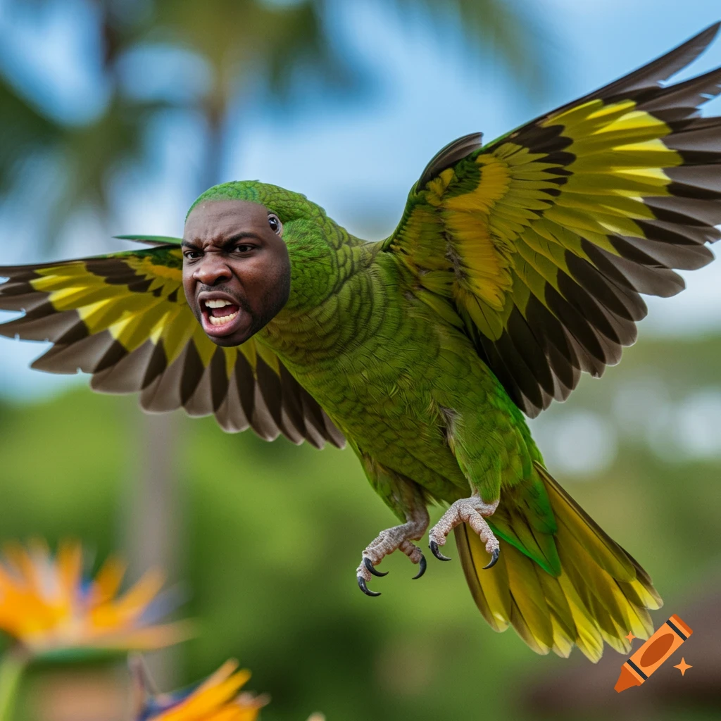 An angry man's head on the body of a green parrot in flight. on Craiyon