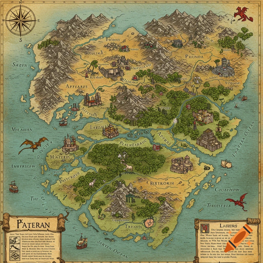 A colorful hexagonal map featuring various hand-drawn fantasy terrains ...