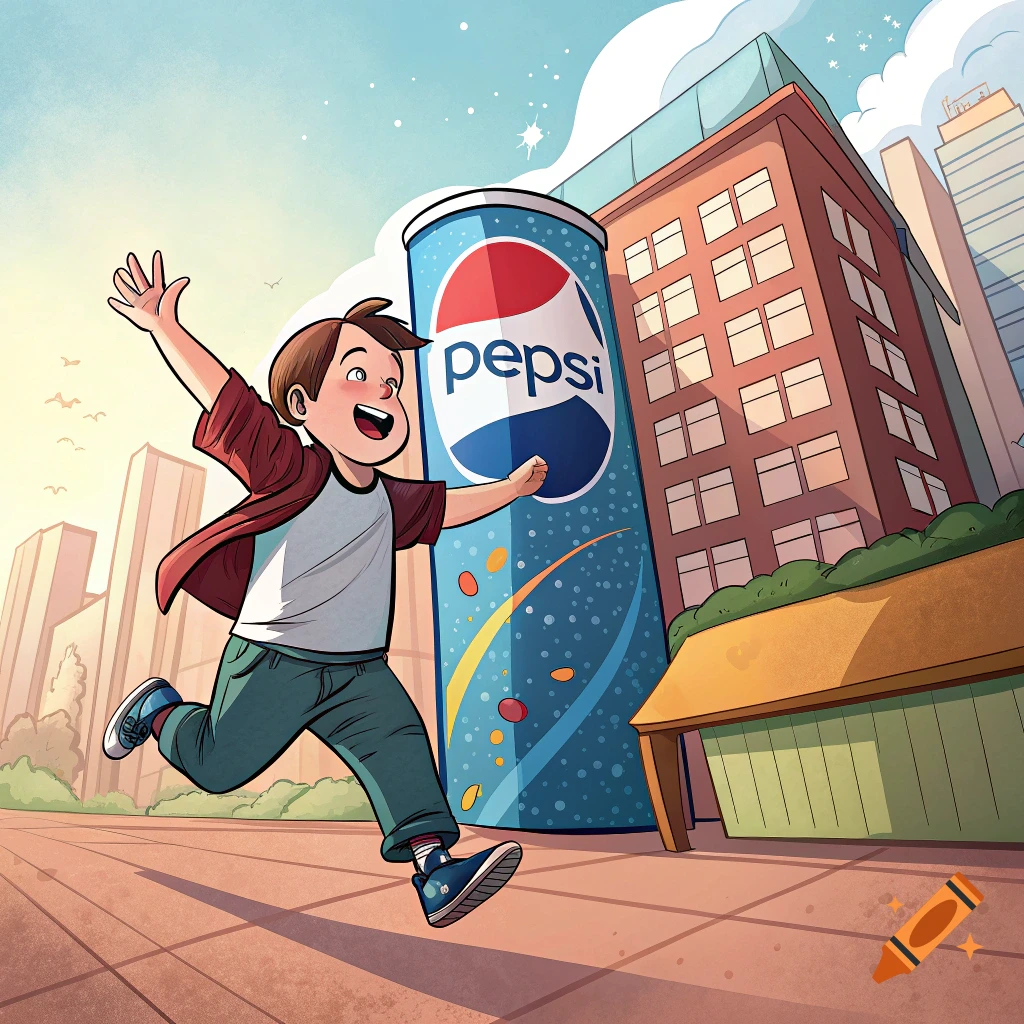 Cartoon boy running from giant Pepsi can in city street. on Craiyon