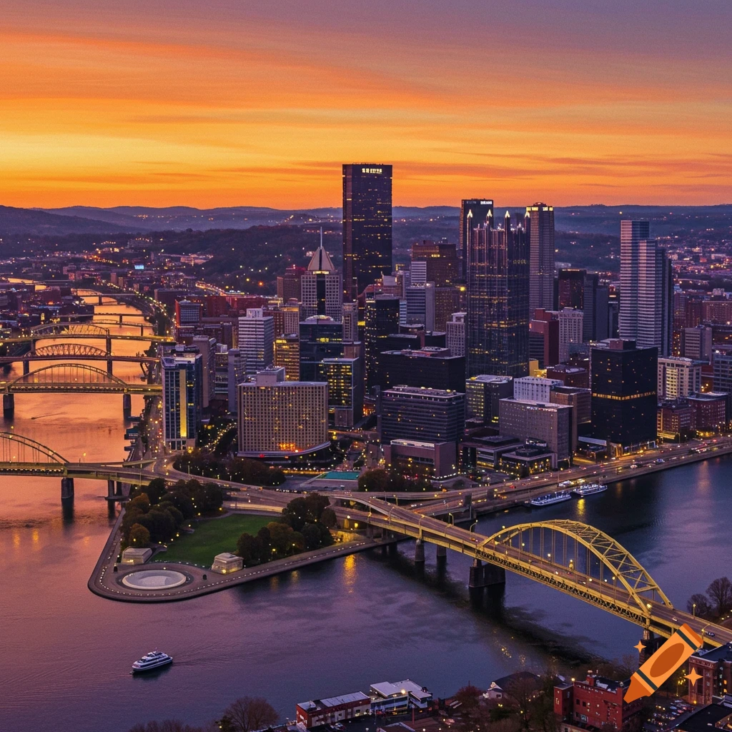 A stylized illustration of the Pittsburgh skyline and bridges at sunset ...