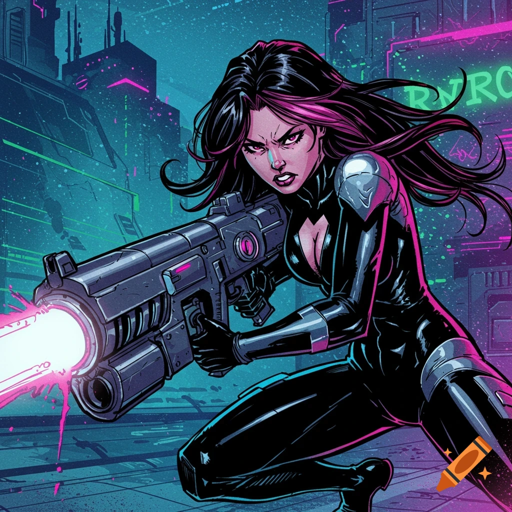 Comic book illustration of a female superhero with black hair and pink ...