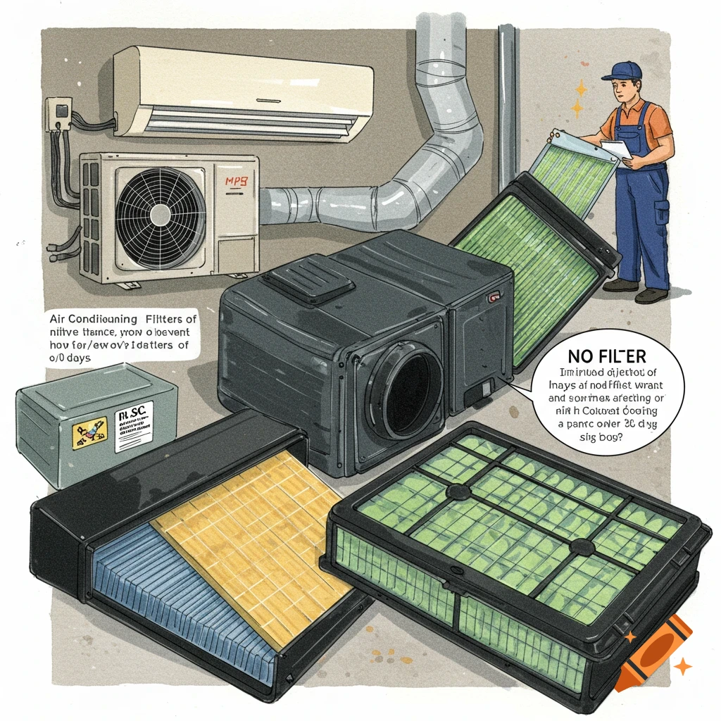 A/C equipment and filters with text: Air conditioning filters must be ...