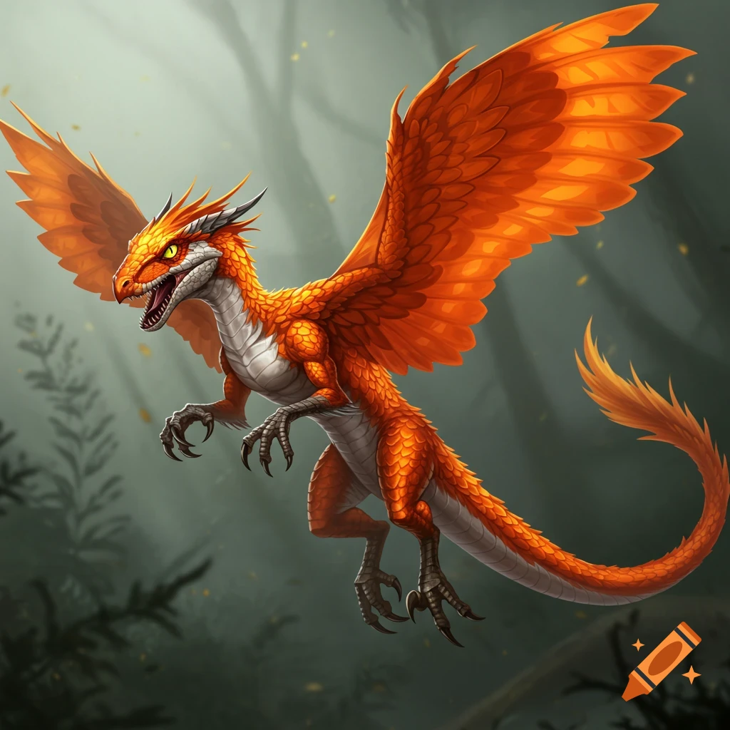 An orange and grey raptor-like dragon with large wings hovers in a ...