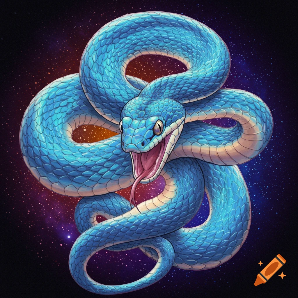 Blue snake coiled against a starry space background on Craiyon