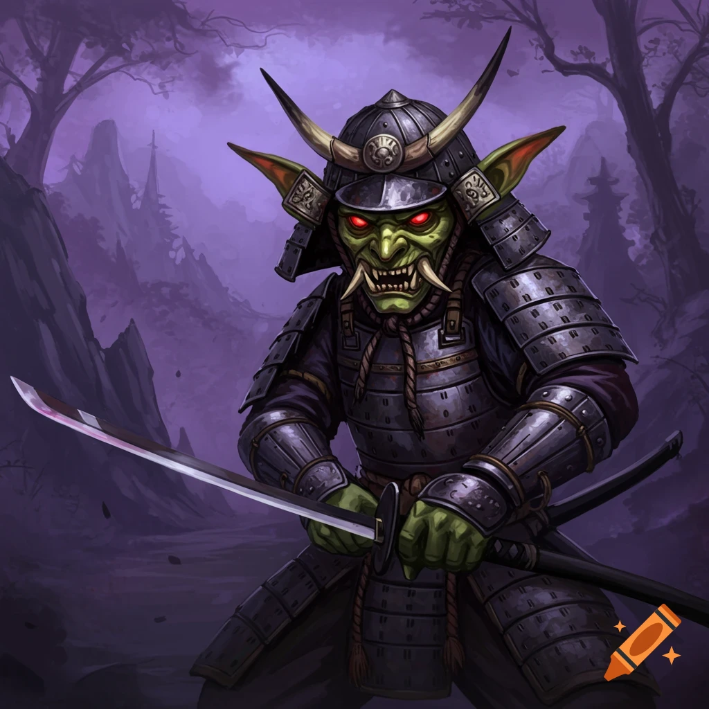 A green-skinned goblin in samurai armor holds a katana in a dark forest ...