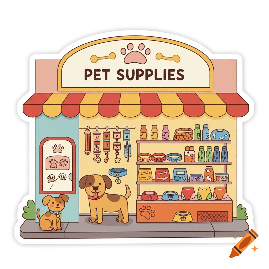 A cartoon clip art illustration of a pet supplies store with two dogs ...