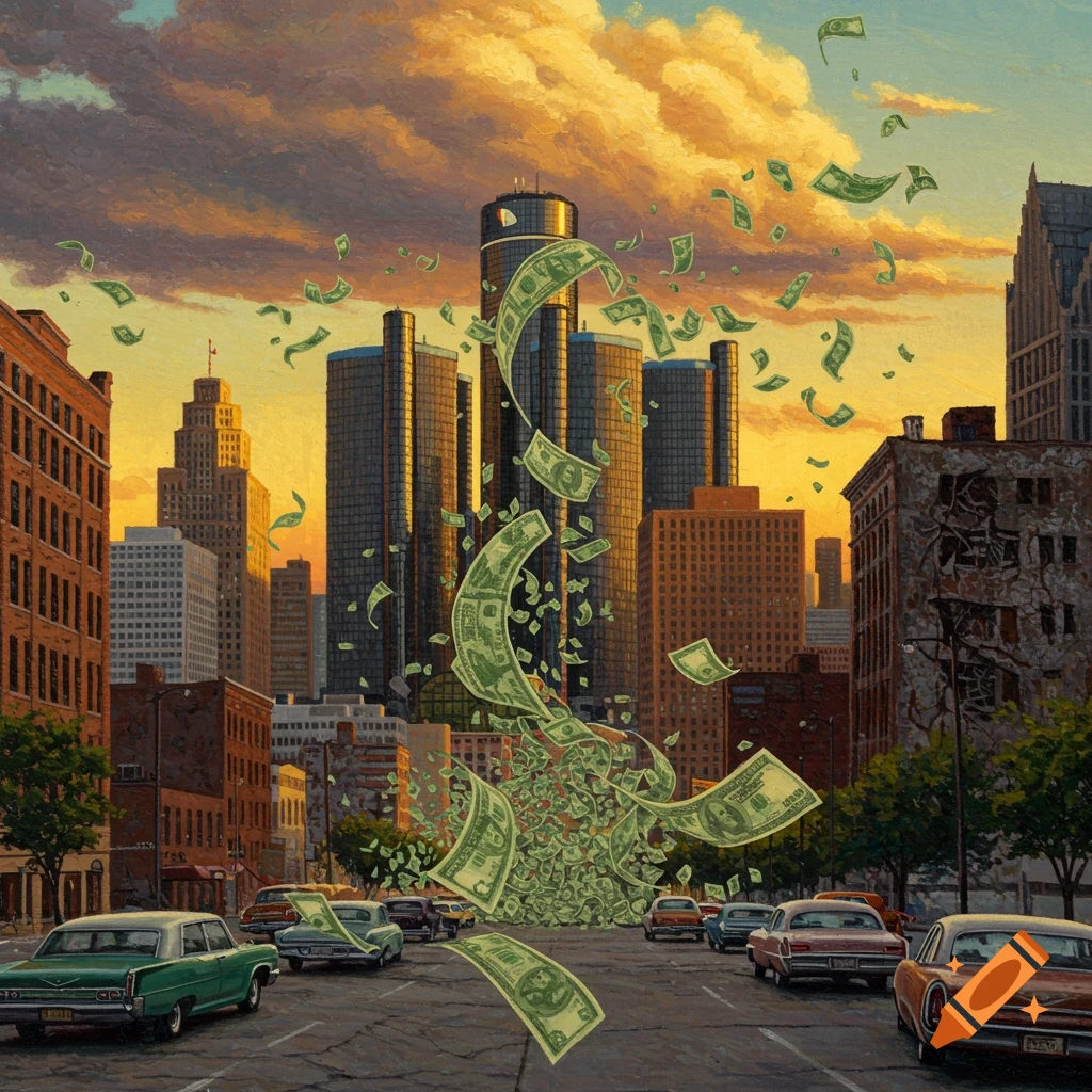 Painted cityscape of Detroit with dollar bills raining down onto a ...
