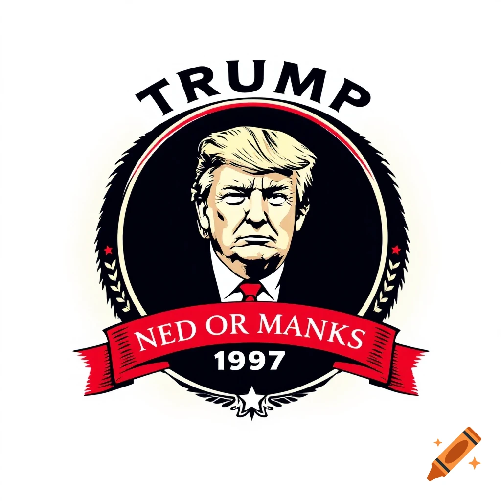 Stylized logo of Donald Trump's portrait in a circular badge with text ...