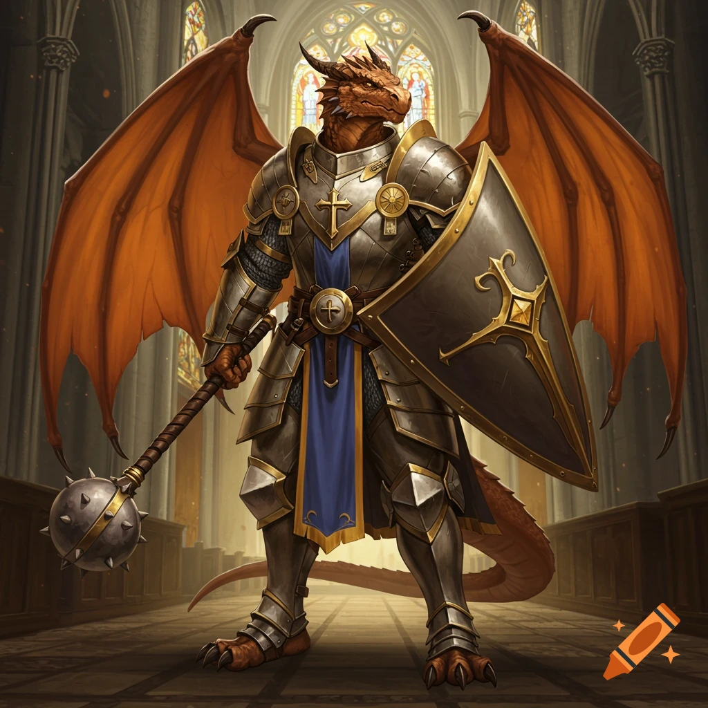 Bronze Dragonborn with sword and shield on Craiyon