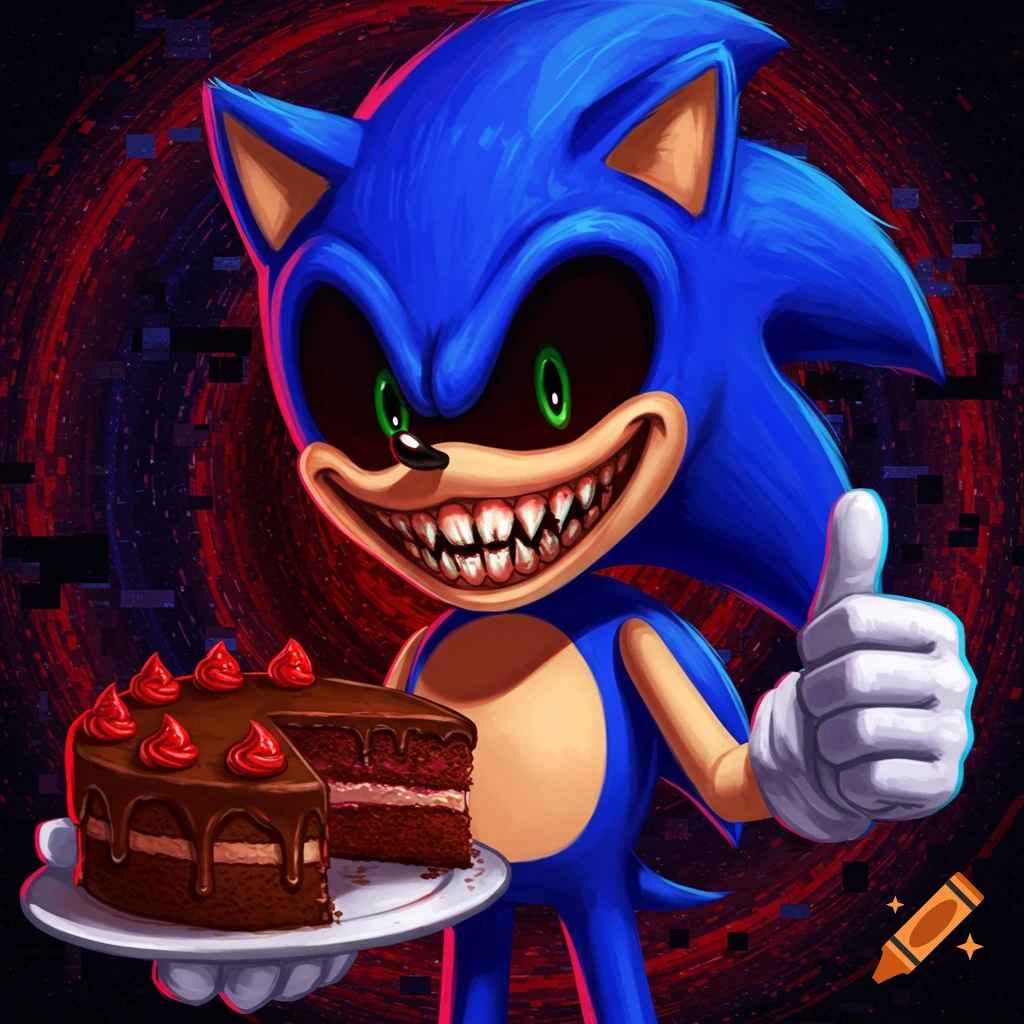 Sonic.exe smiling with cake and a thumbs up on Craiyon