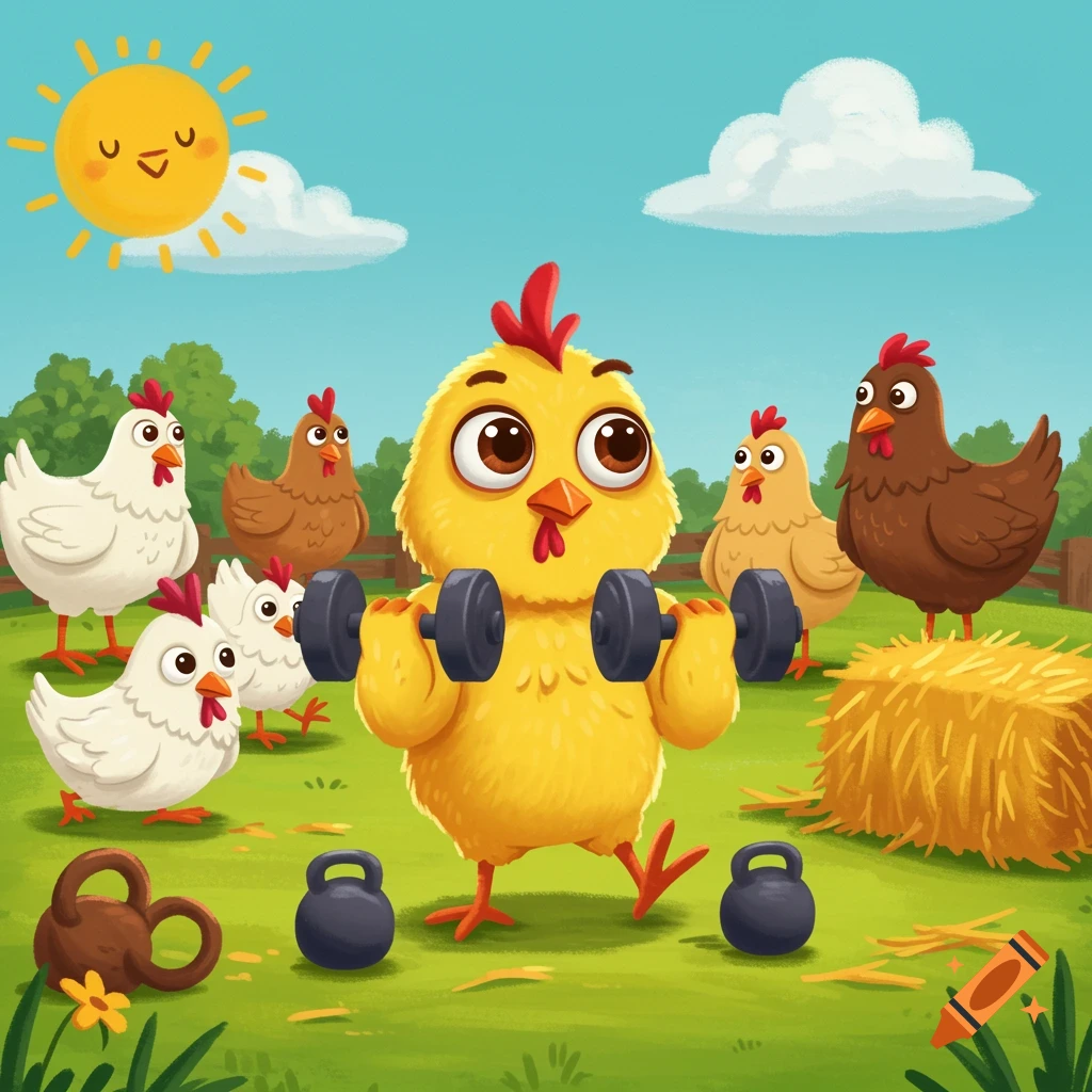 A cartoon baby chicken lifts dumbbells while other chickens watch in a ...