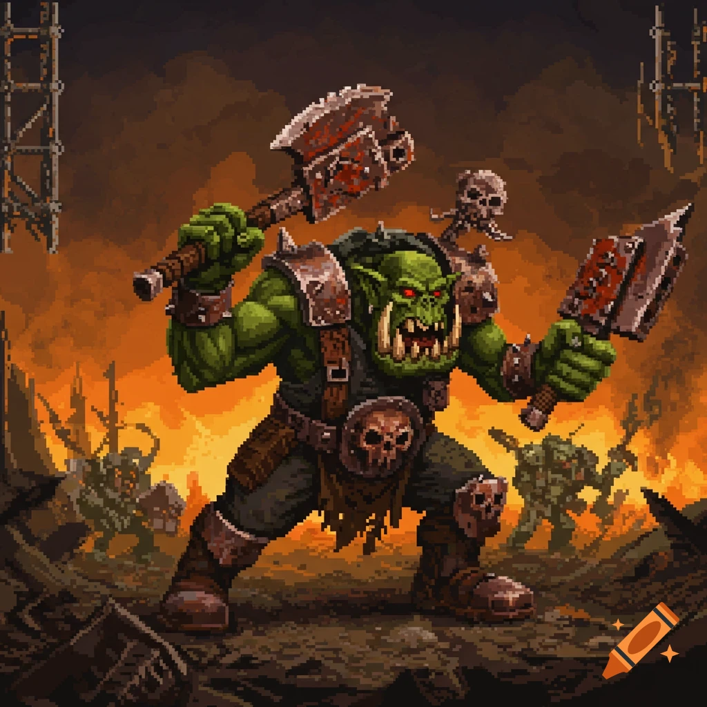 A pixel art rendering of a muscular green ork creature holding an axe ...