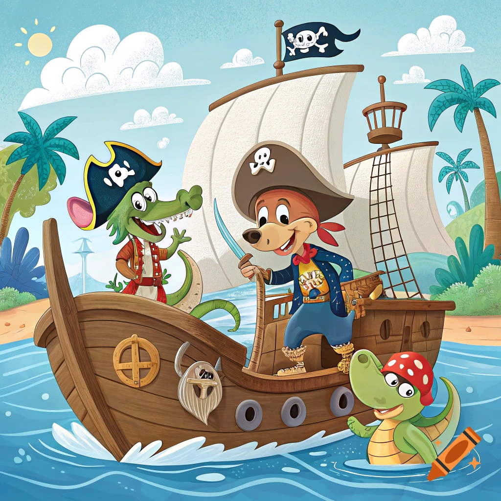 Mice and dinosaurs dressed as pirates on a pirate ship with Jake and ...