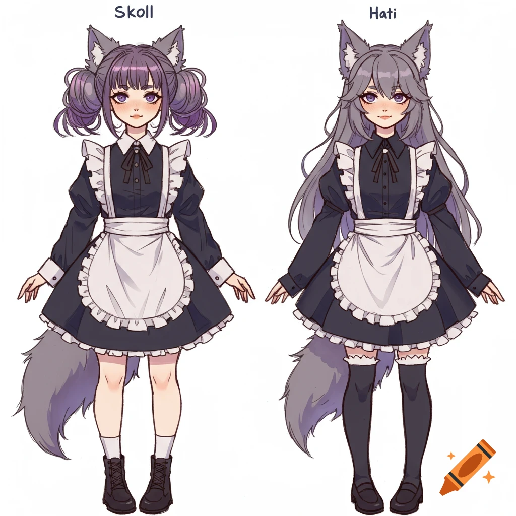 Two anime girls, Skoll and Hati, in maid outfits with wolf ears and ...