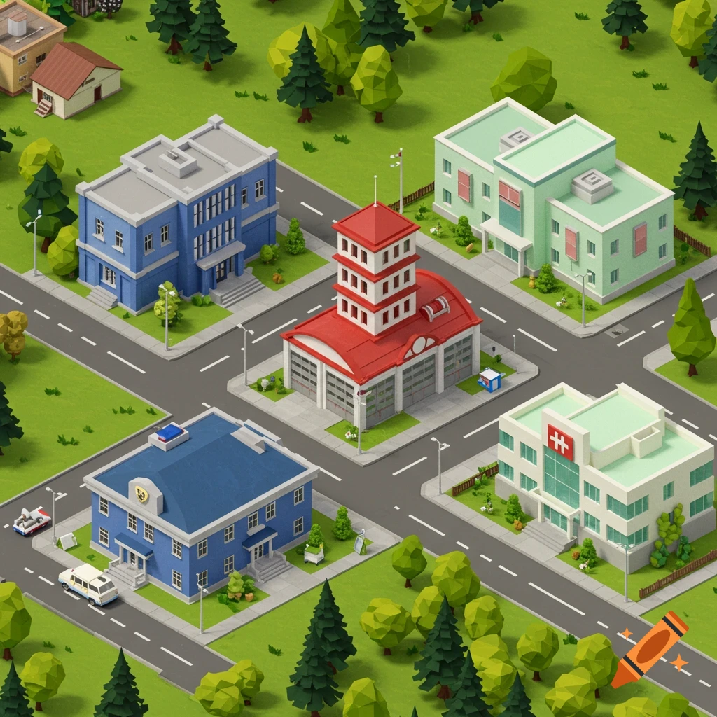 Isometric view of a police station, hospital, and fire station inspired ...