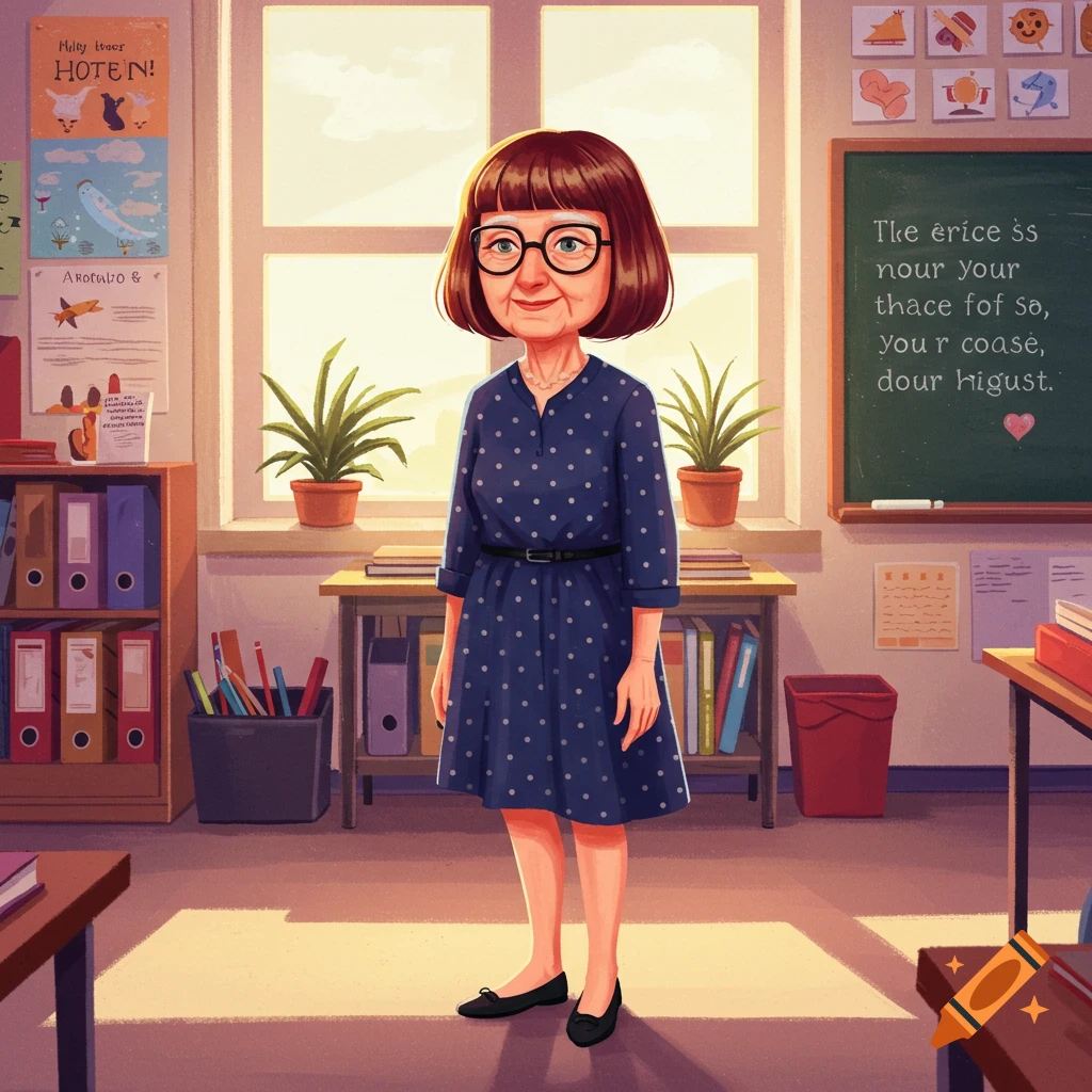 Illustration of an older teacher with glasses and bob haircut standing ...