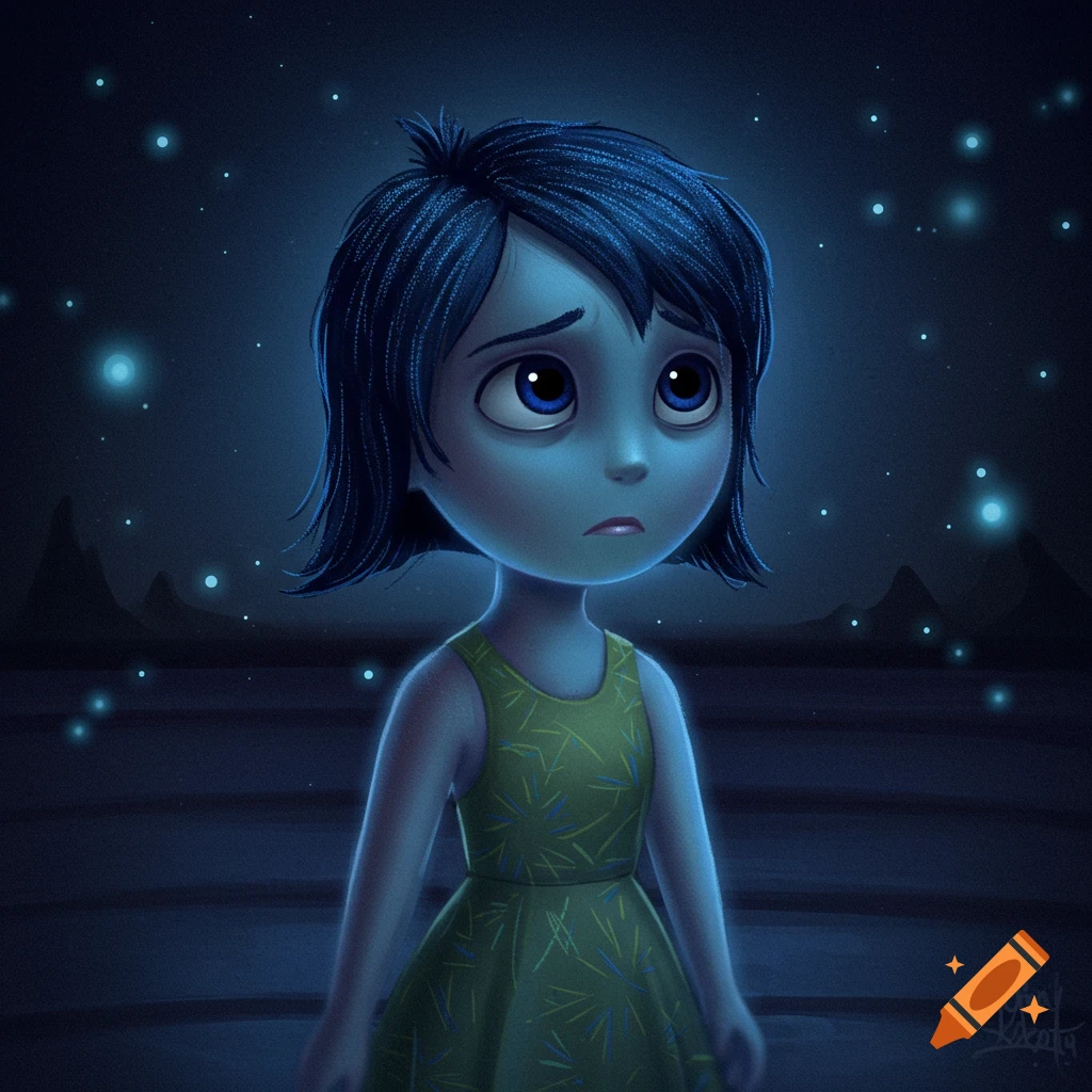 Cartoon girl with blue skin and big blue eyes looks sad in a dark ...