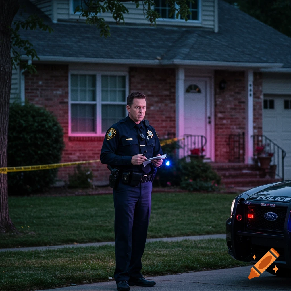 A police officer stands outside a house near police tape and a police ...