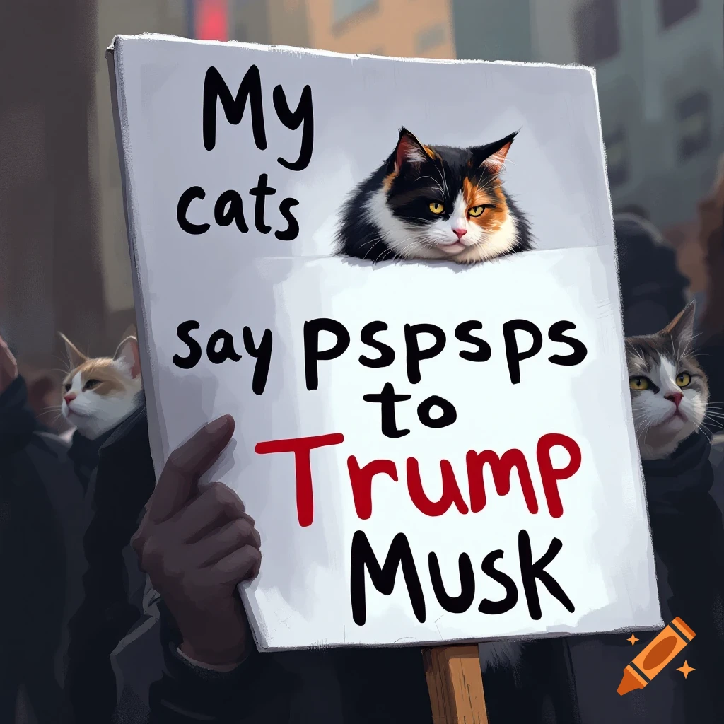 Protest sign: cats say pspsps to Trump and Musk on Craiyon