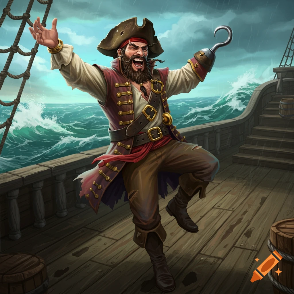 A cartoon pirate holds a hotdog in front of a hotdog cart in a market ...