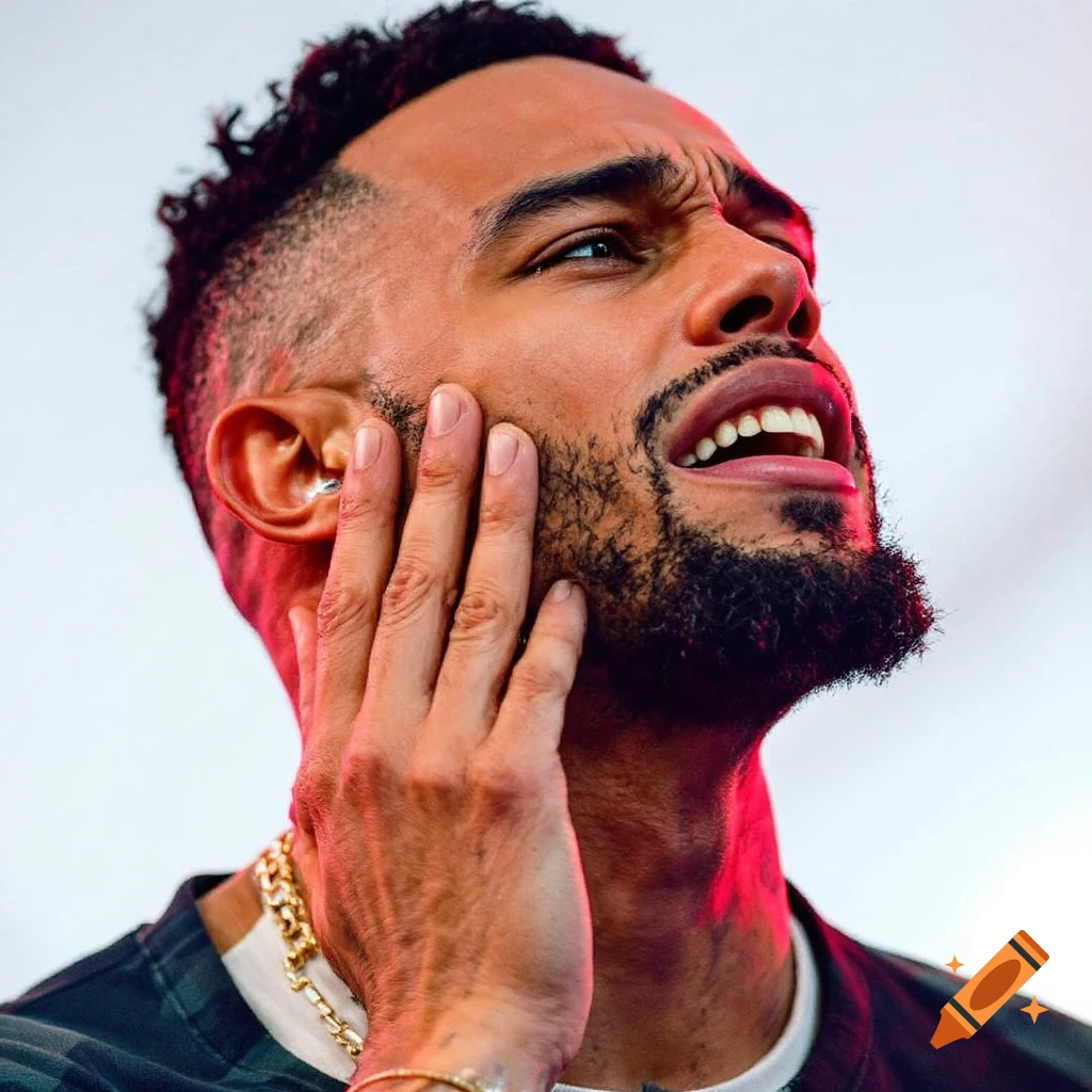 Close-up portrait of a man with a beard clutching his cheek, looking up ...