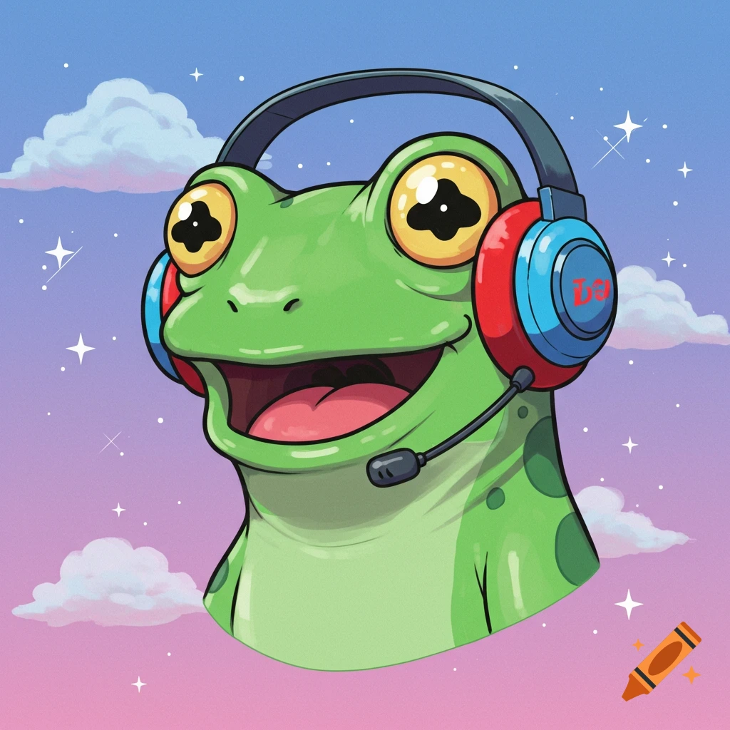 A cute cartoon frog wearing pink headphones and a purple hoodie in a ...