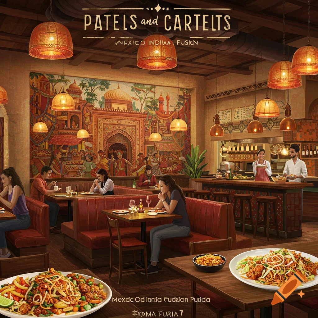 A vibrant restaurant with people dining, featuring a large mural and ...