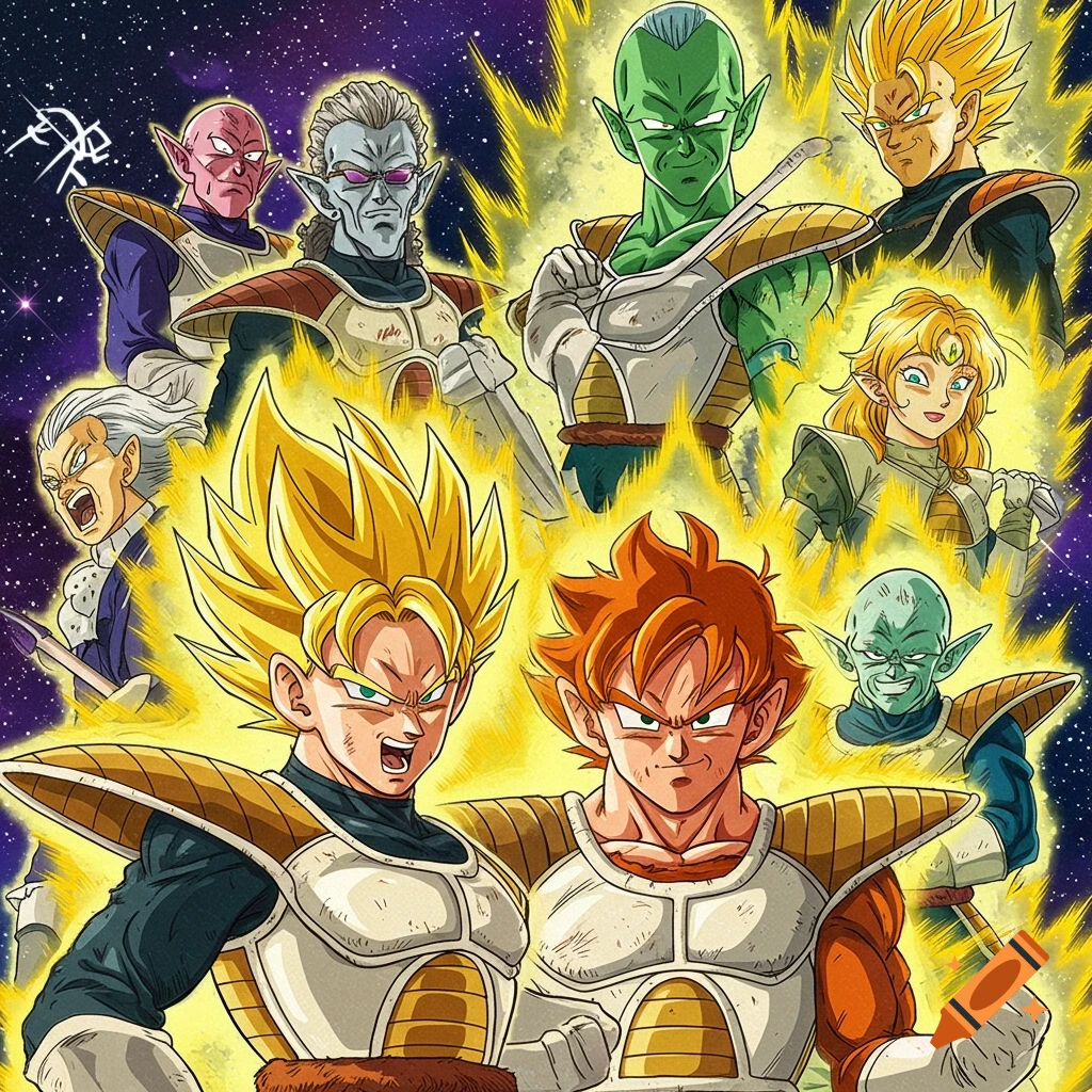Founding fathers as Super Saiyan in battle armor on Craiyon