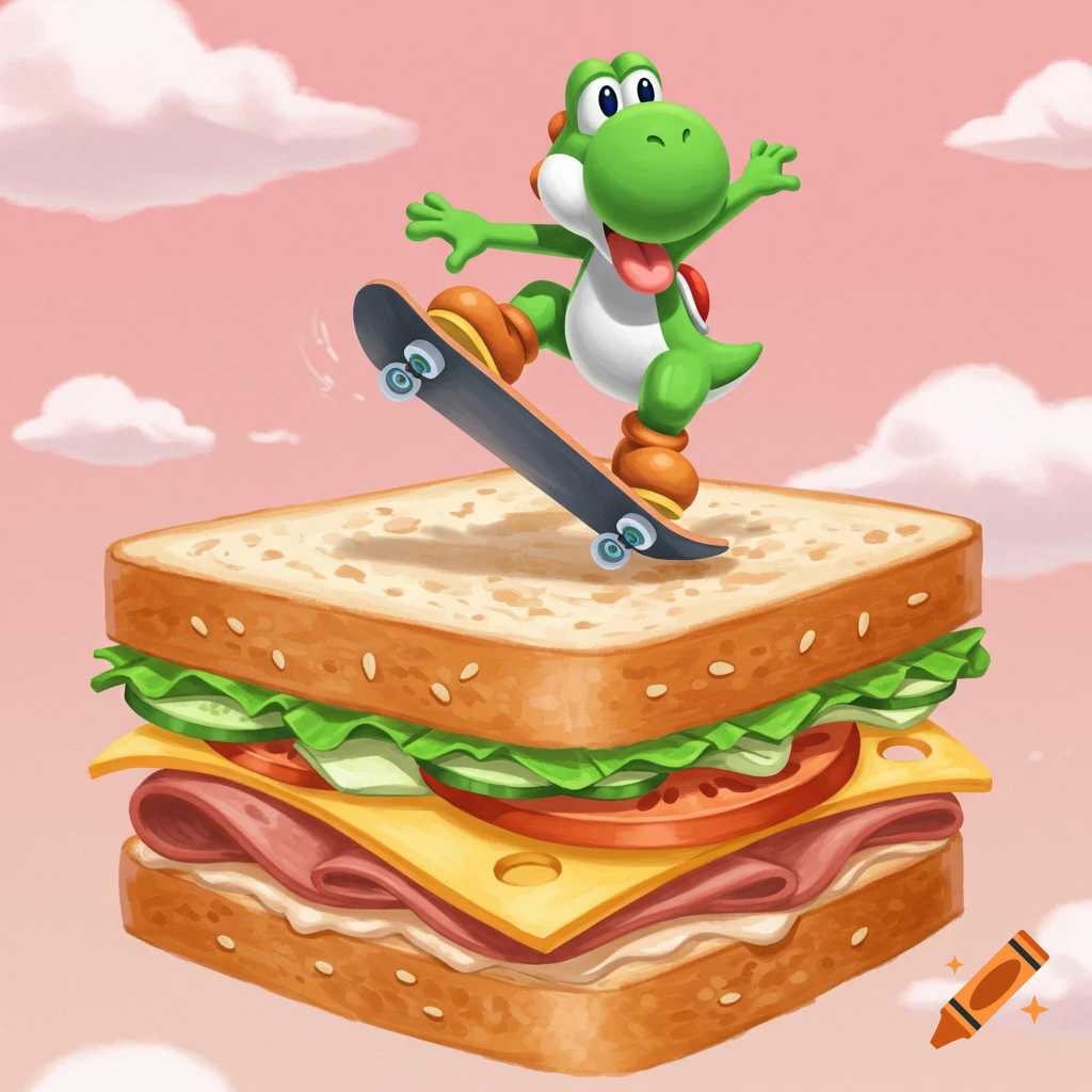 Yoshi kick flipping on a sandwich on Craiyon