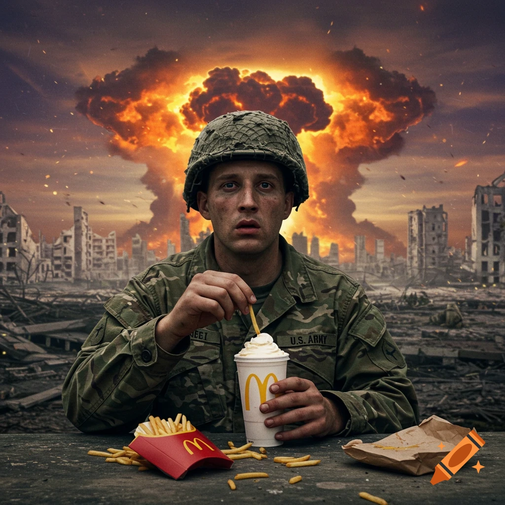 Shell-shocked soldier eating fries with milkshake amid nuclear ...
