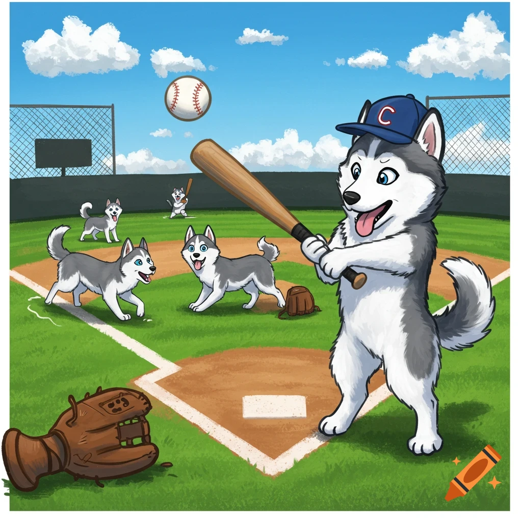 Illustration of cartoon husky dogs playing baseball on a field. on Craiyon