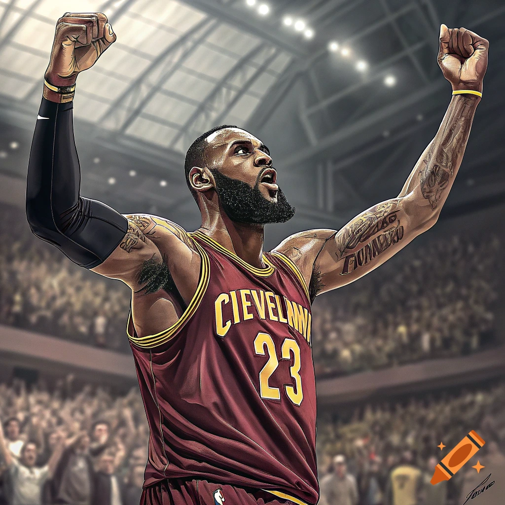 Illustration of LeBron James celebrating on a basketball court with ...