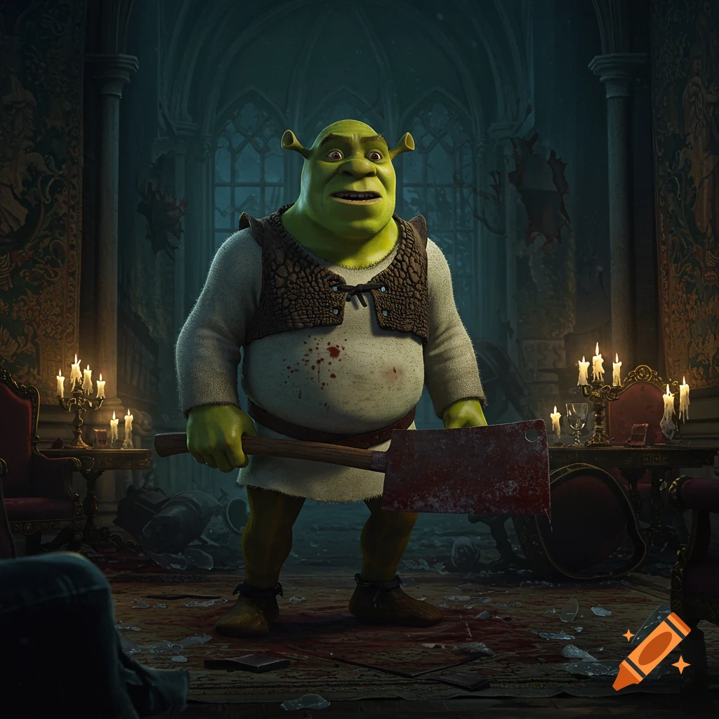 Shrek holds a bloody cleaver in a candlelit castle crime scene room. on ...