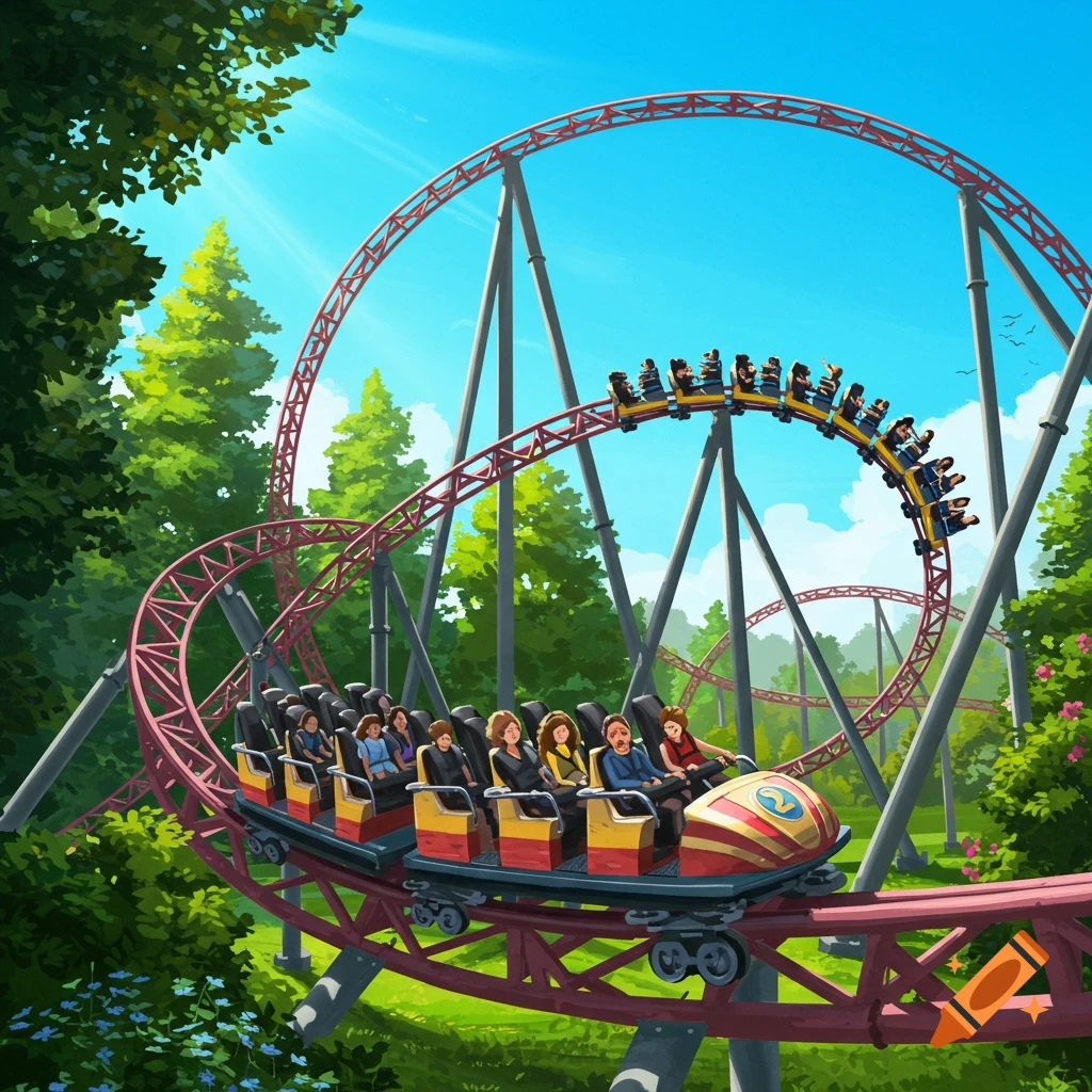 An illustrated roller coaster filled with riders speeds through a loop in a sunny park. on Craiyon