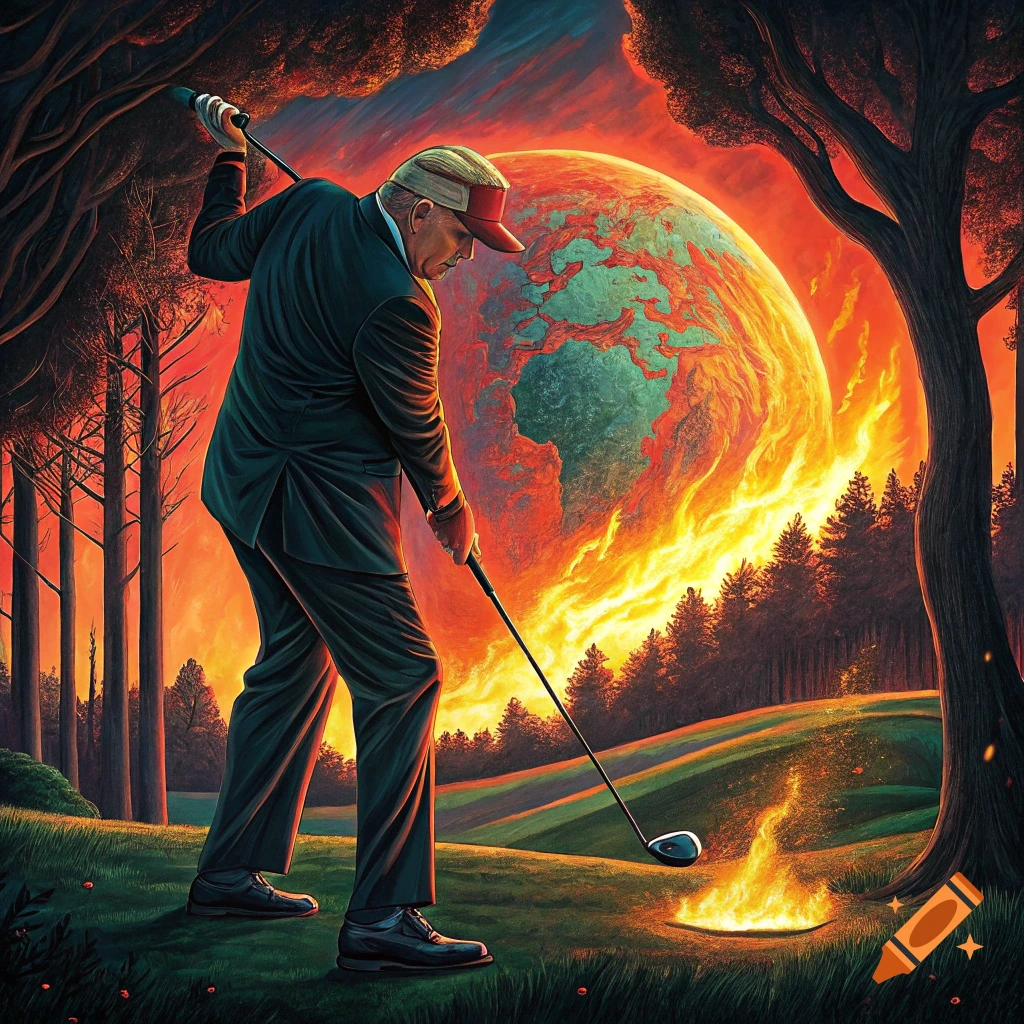 Neon oil painting of Donald Trump golfing with world burning on Craiyon