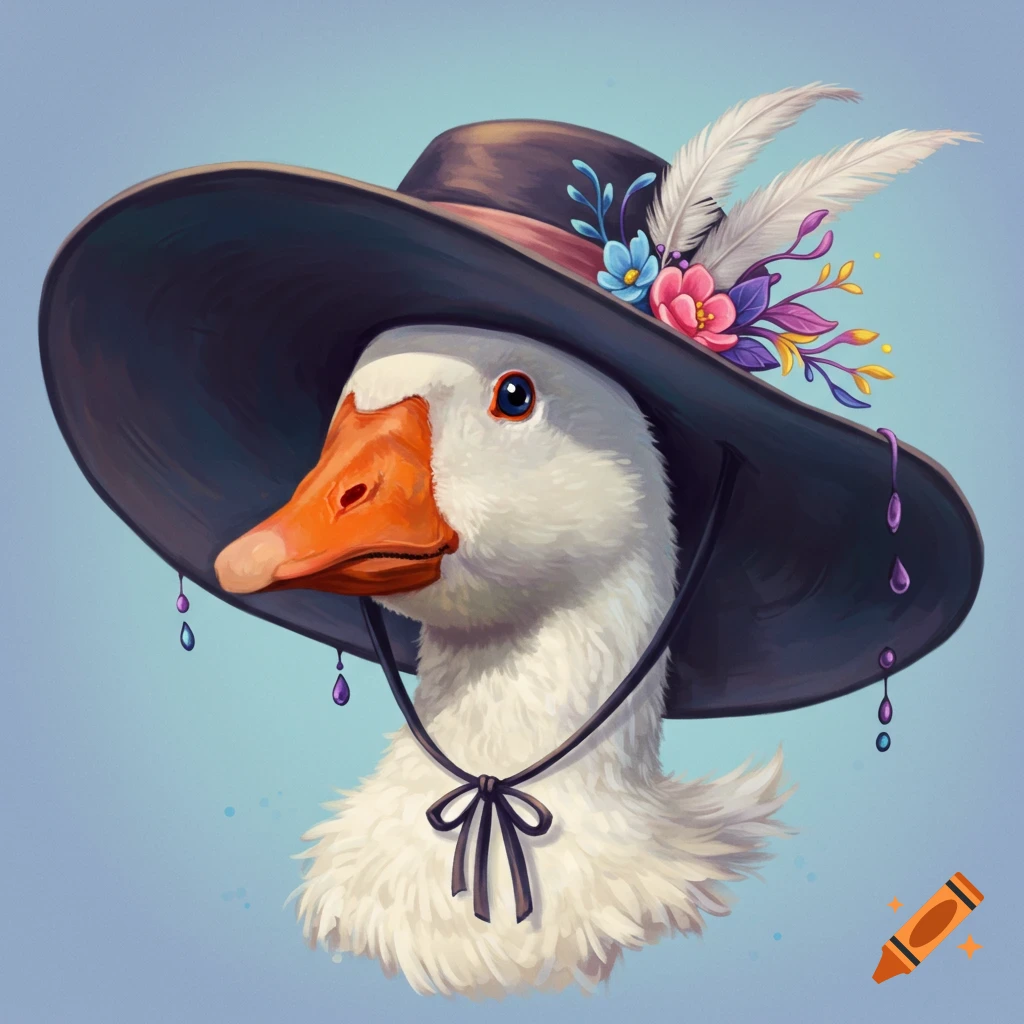 A white goose wearing a black top hat and red tie stands against a pink ...