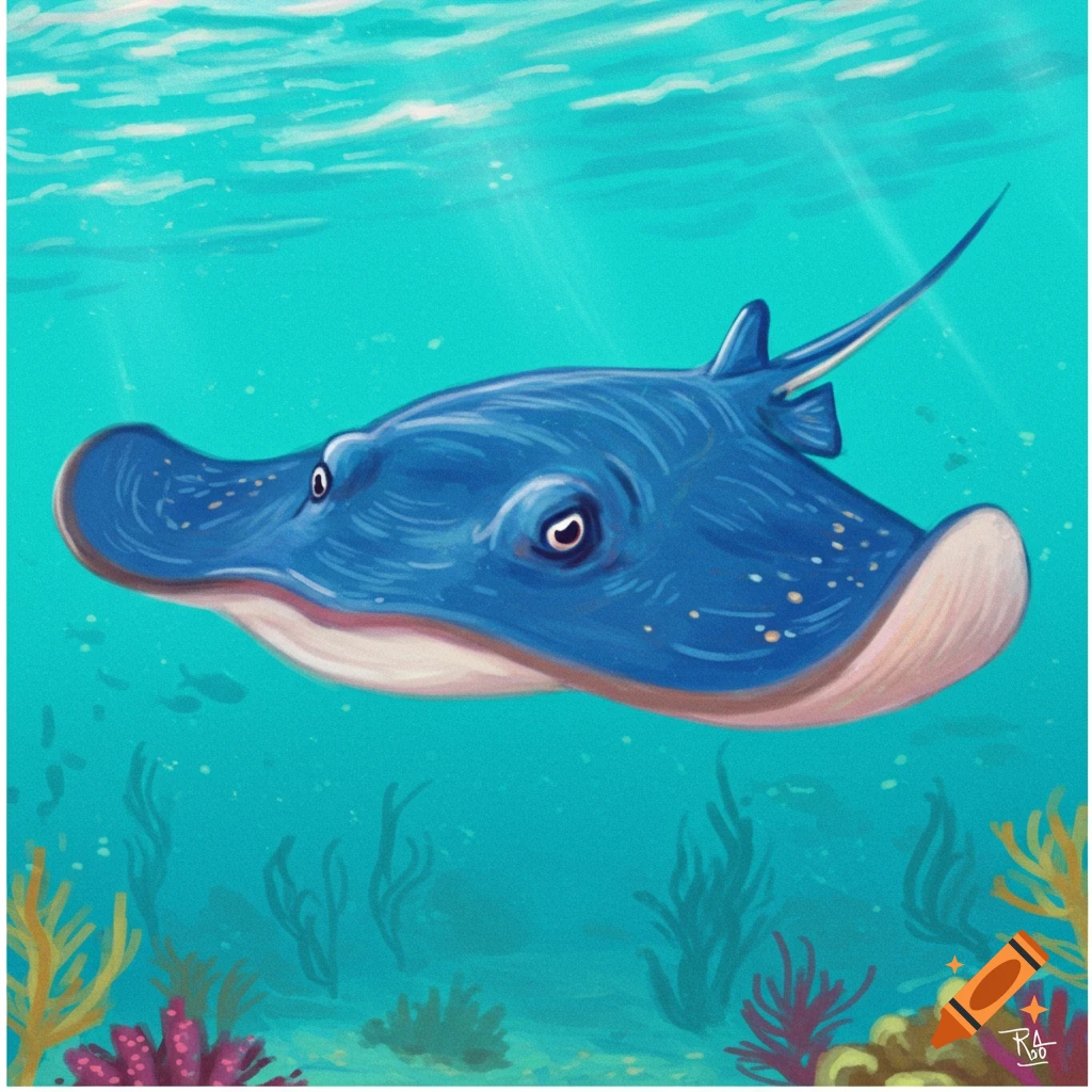 Illustration of a blue stingray swimming underwater among coral. on Craiyon