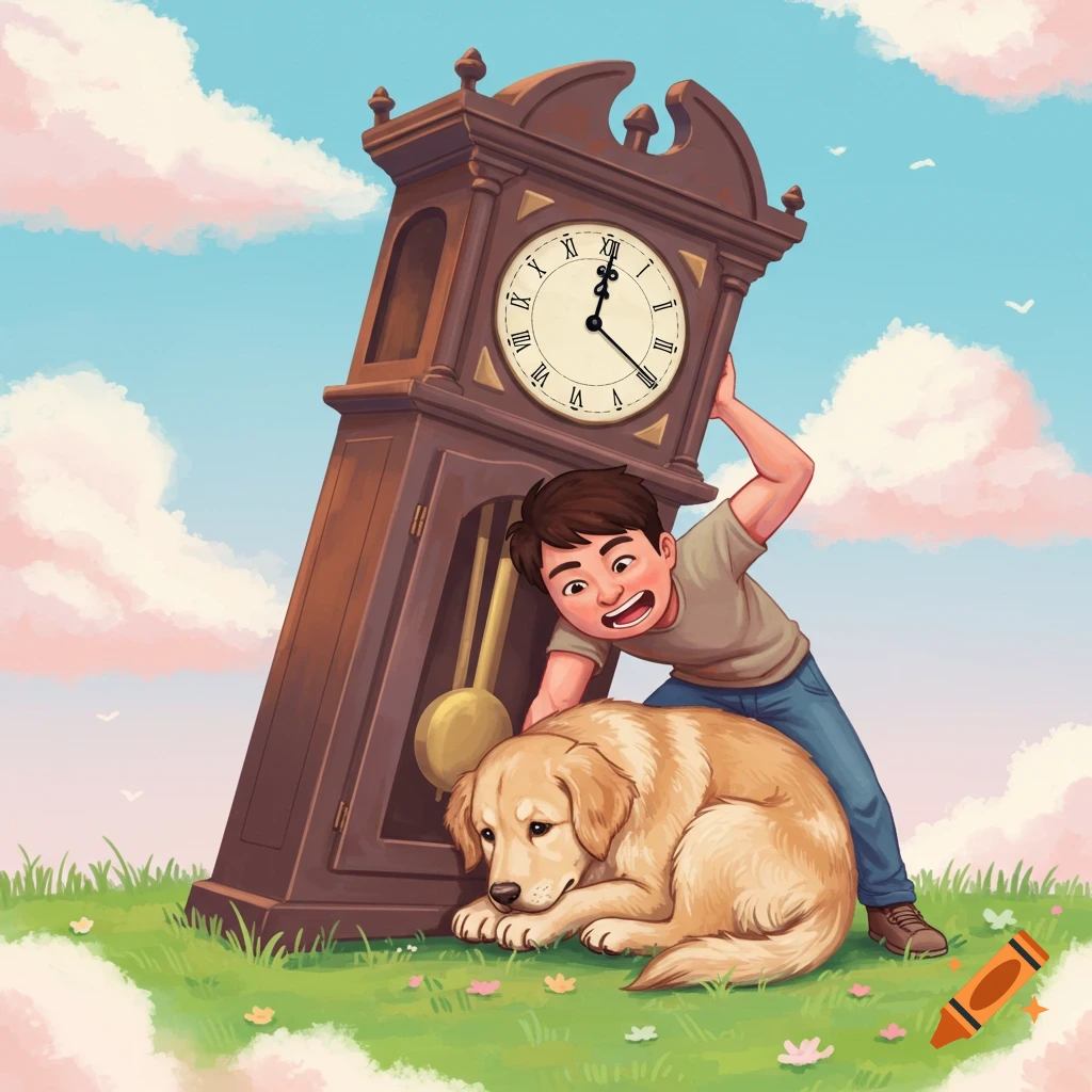 Cartoon illustration of a man holding up a large grandfather clock to ...