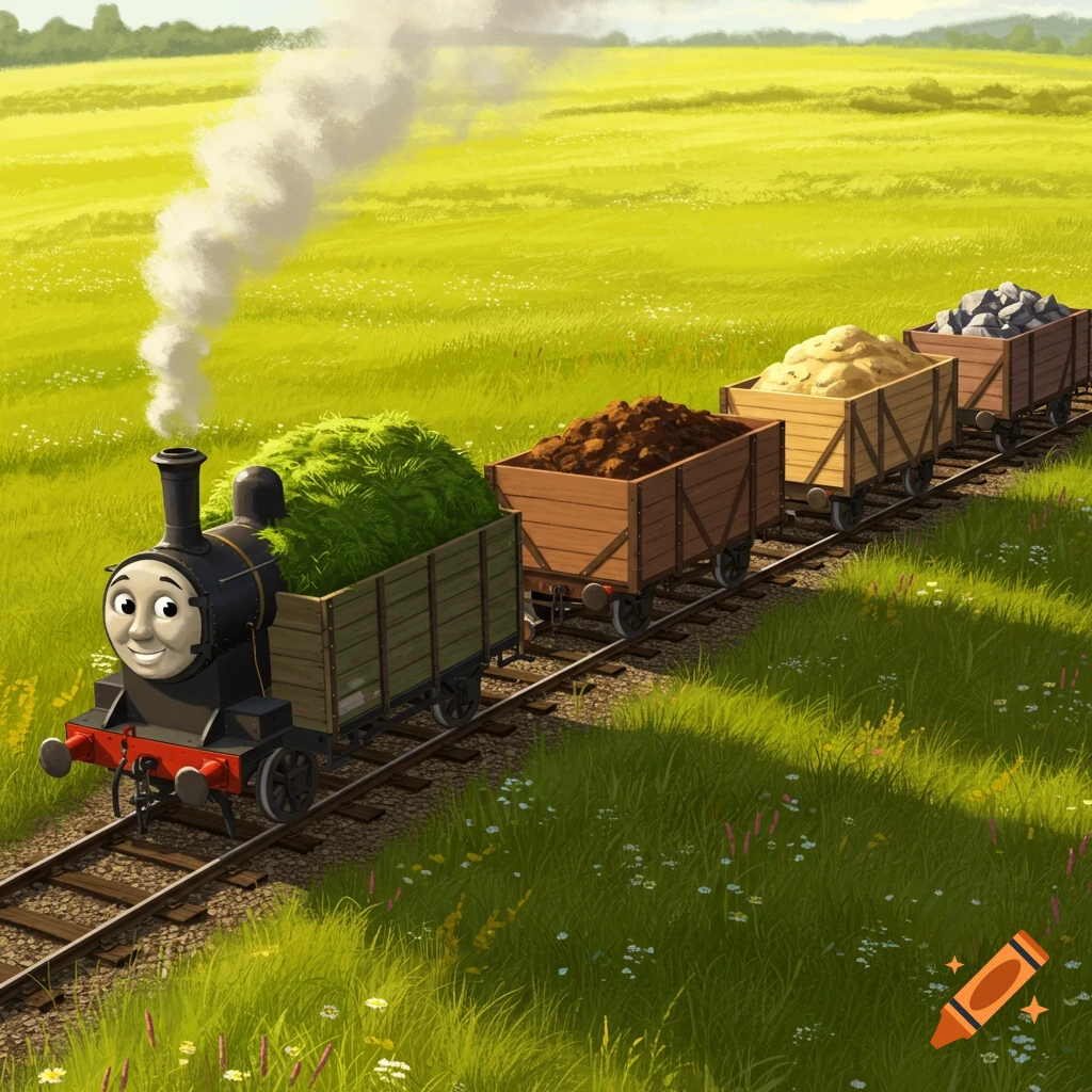 Freight train with grass, soil, sand, and rock carts on Craiyon