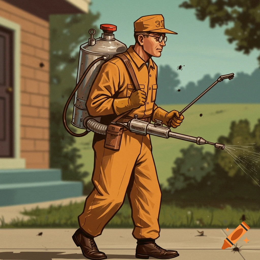 Vintage illustration of an exterminator spraying insects with a ...