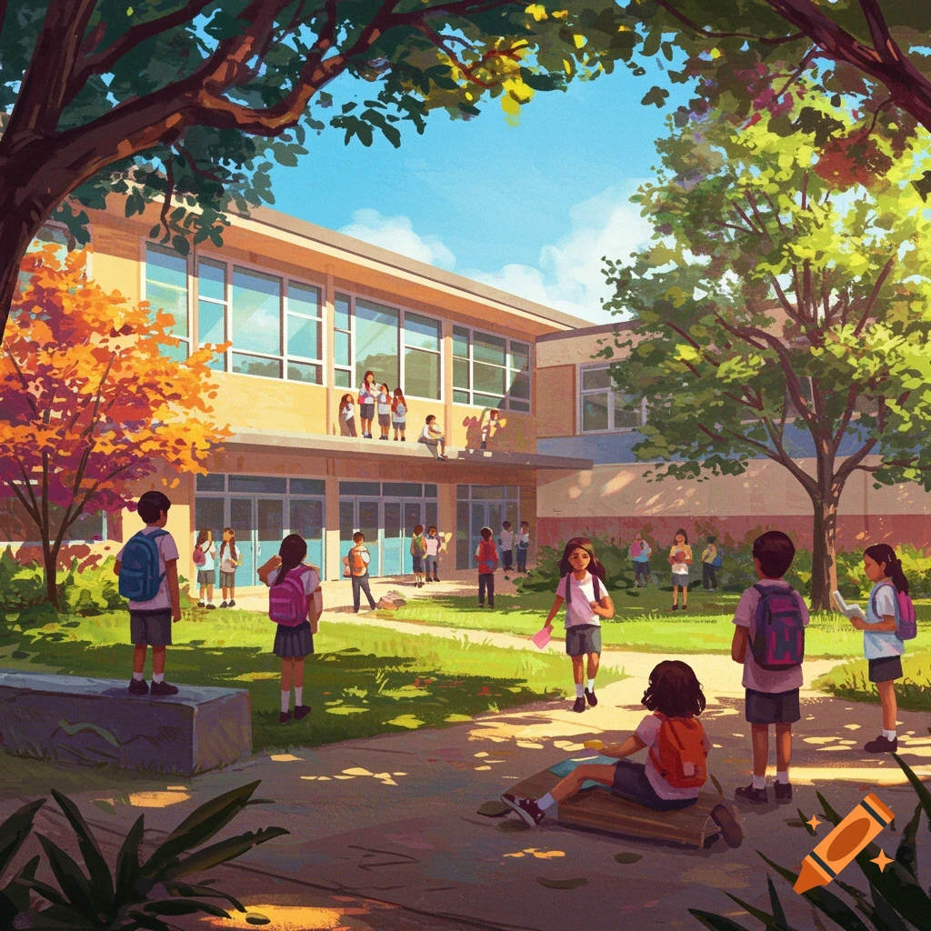 School entrance with ramp and automatic doors. Accessibility concept ...