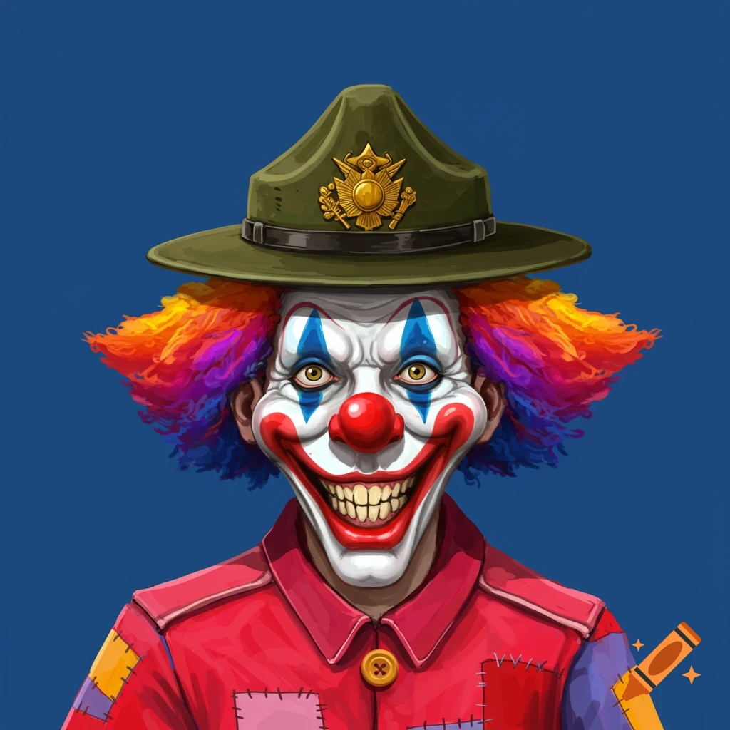Illustration of a creepy clown wearing a military drill sergeant hat ...