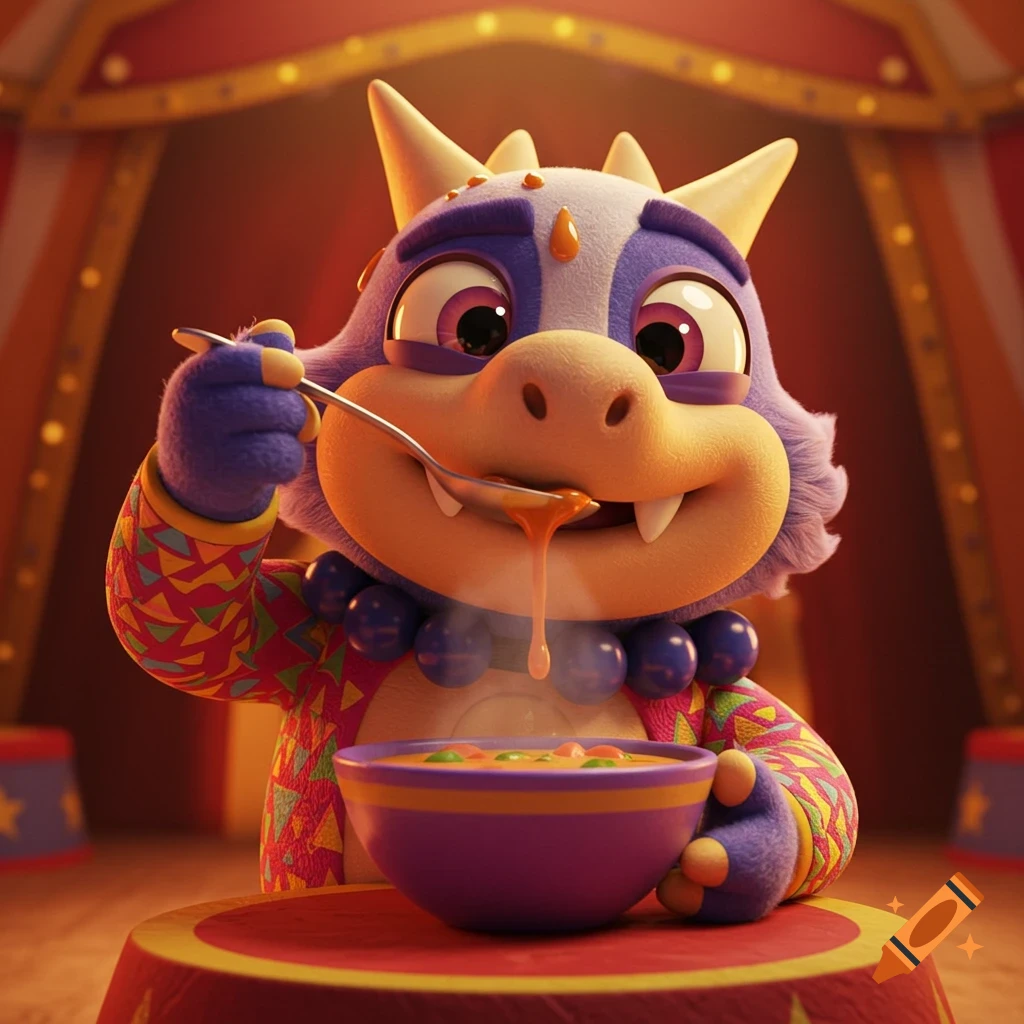 A stylized cartoon monster in a circus tent eats soup. on Craiyon