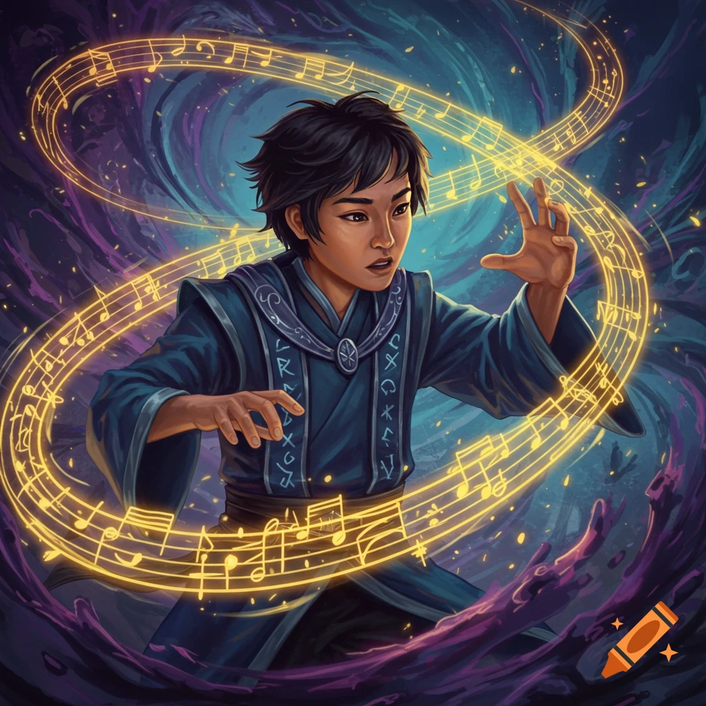 Fantasy illustration of a young sorcerer conjuring glowing musical ...