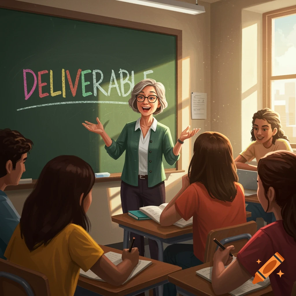 Illustration of a teacher explaining to students in a classroom with the word DELIVERABLE on the ...