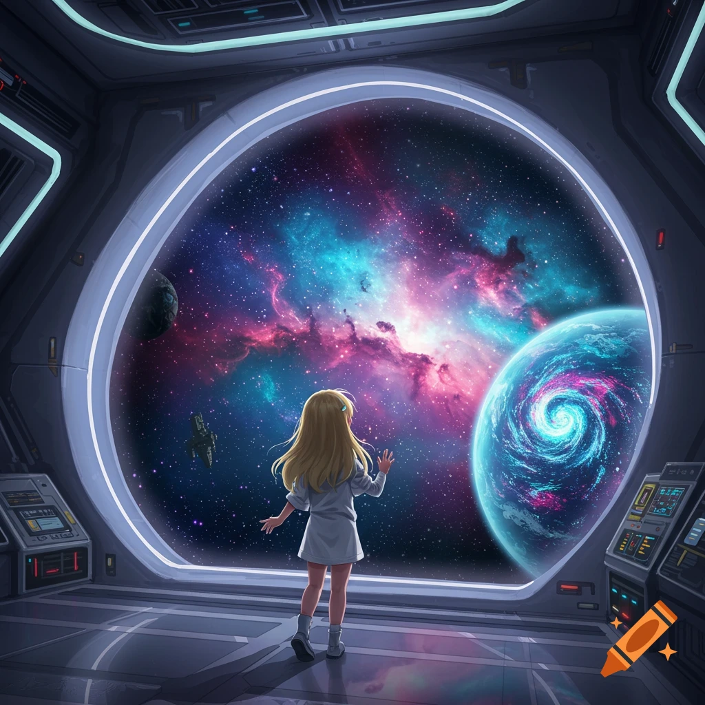 Girl on alien ship traveling to alien civilization in space on Craiyon