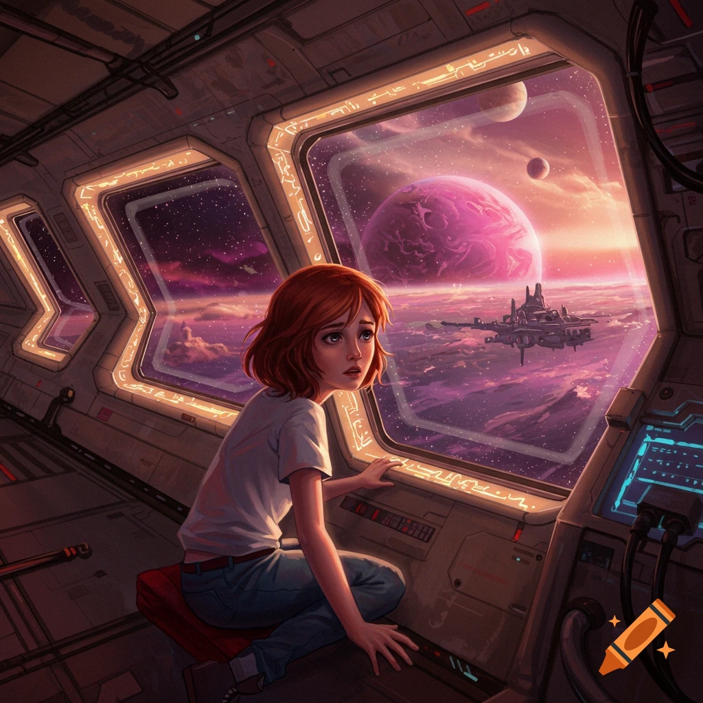 Girl on alien ship traveling to alien civilization in space on Craiyon